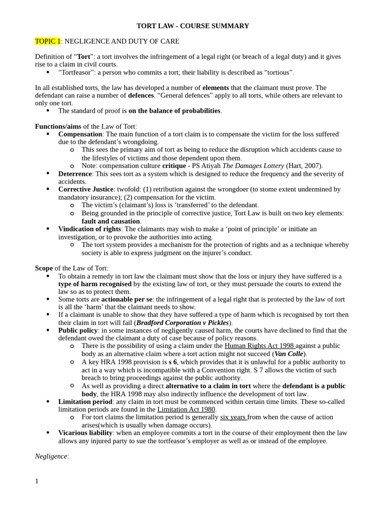 Tort Law - Course Summary | PDF | Tort | Negligence