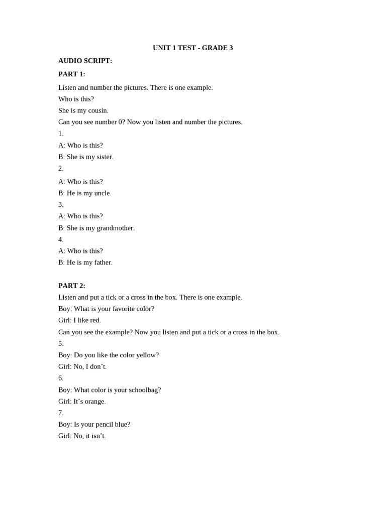 Đề KT Unit 1 - Tiếng Anh 3 Extra - Script | PDF