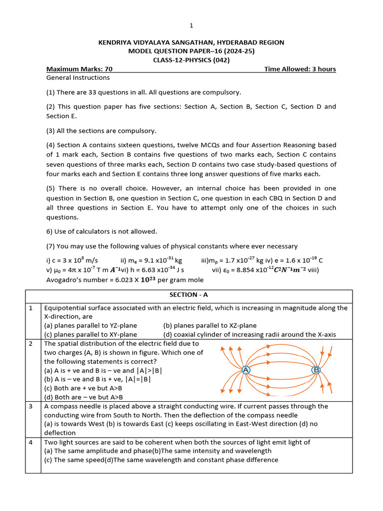Class 12 Physics Model Question Paper 2024-25 | PDF | Electromagnetic ...