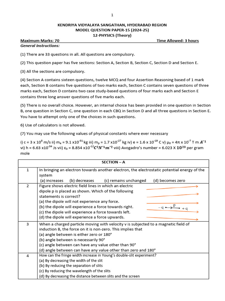 12-Phy-Model Ques paper-15-QP | PDF | Capacitor | Dipole