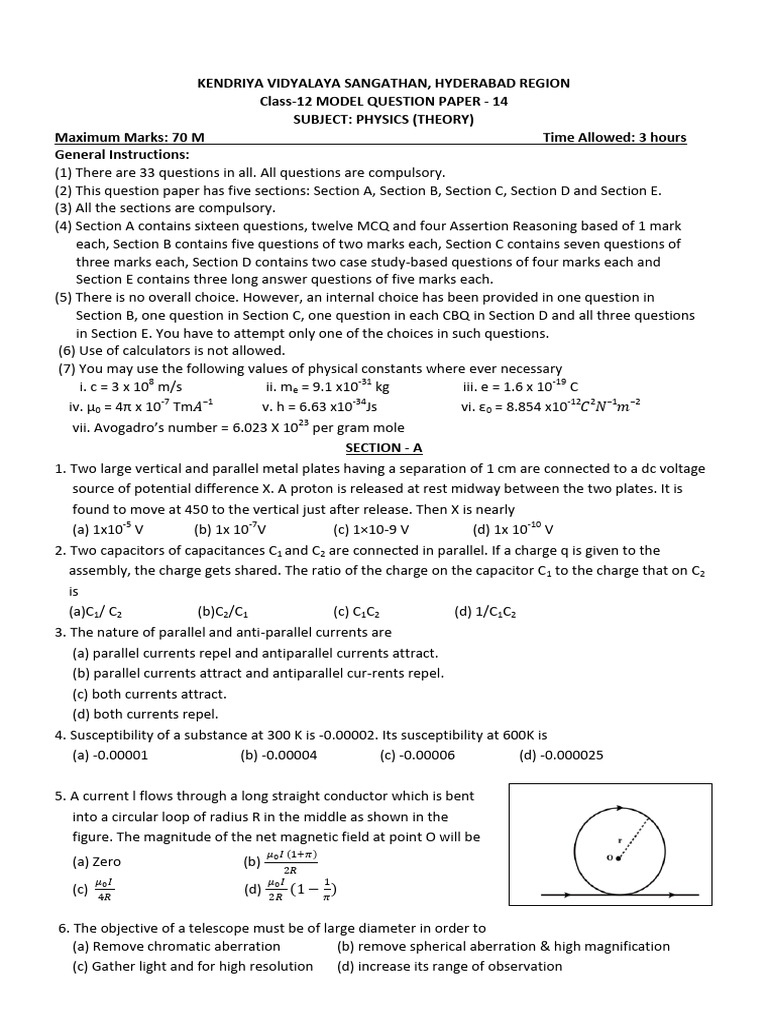 12-Phy-Model Ques paper-14-QP | PDF | P–N Junction | Diffraction