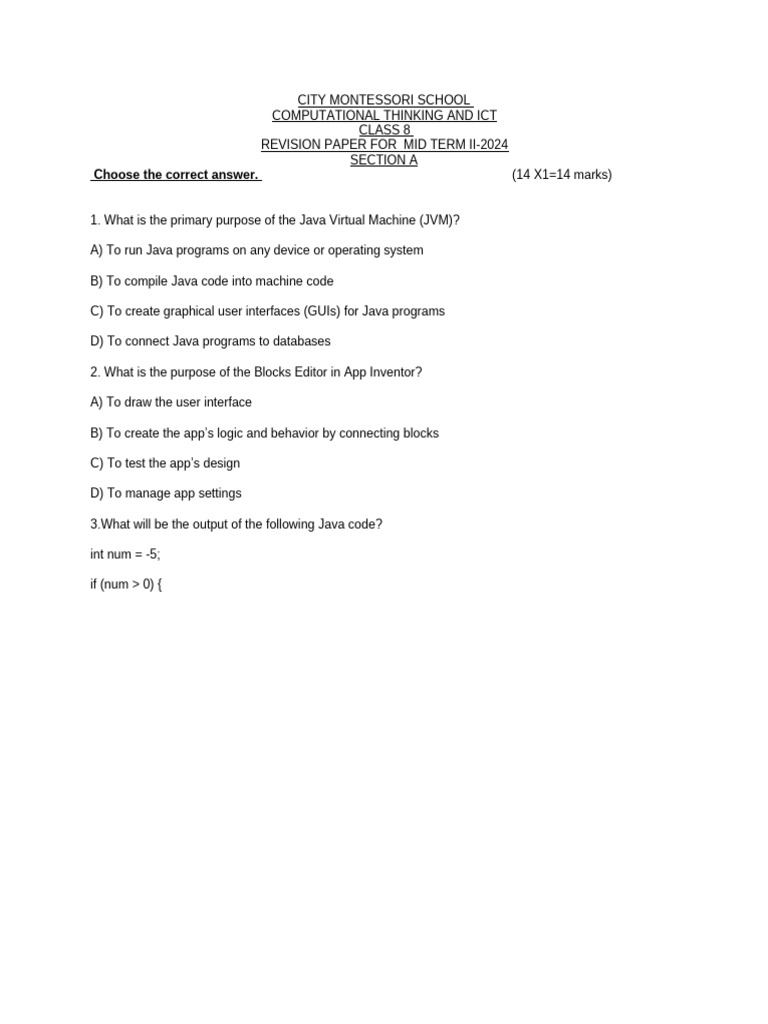 Class 8 ICT Revision Paper 2024 | PDF | Java (Programming Language ...