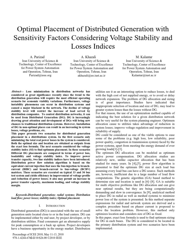 Optimal Placement of Dg-Voltage Stability and Losses-Our Project Paper ...