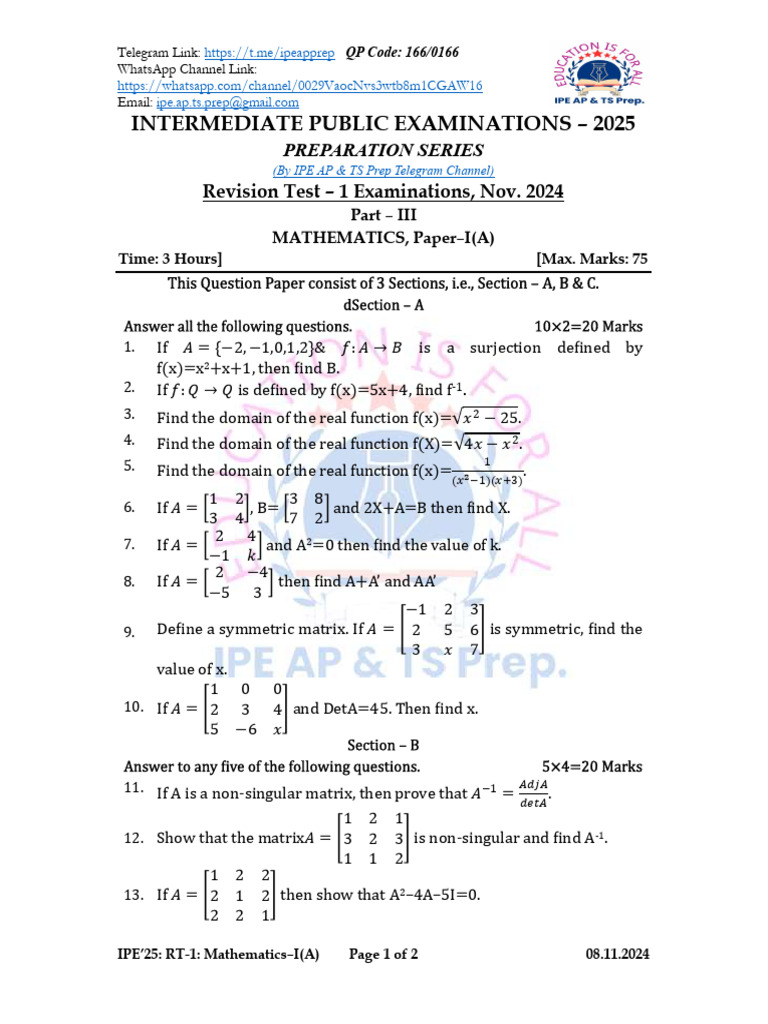 IPE'25 RT-1 Jr. Mathematics-1 (A) | PDF | Mathematical Physics | Mathematical Objects