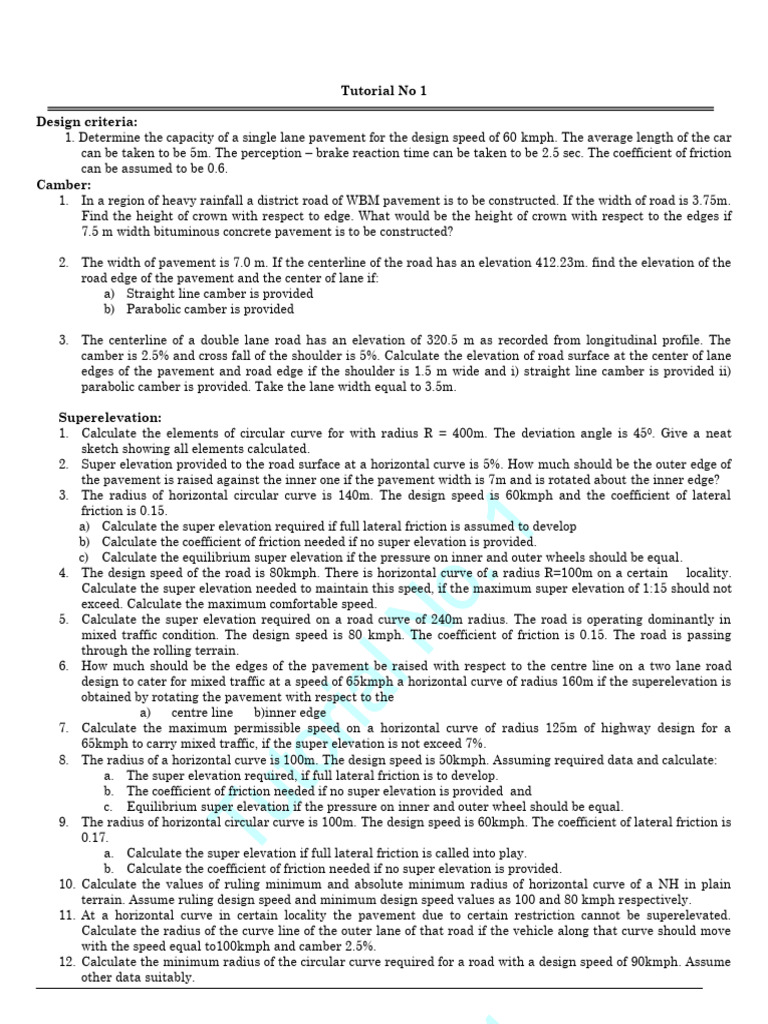 Transportation Engg I Tutorial | PDF | Road | Friction