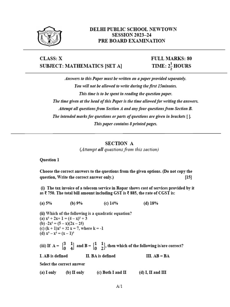 Cl. 10 - Pre Board - Maths (Set-A) | PDF | Elementary Mathematics | Elementary Geometry