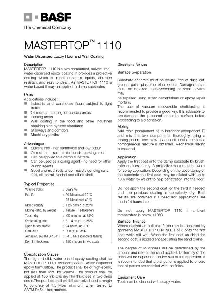 MASTERTOP 1110 - v1 | PDF | Epoxy | Concrete