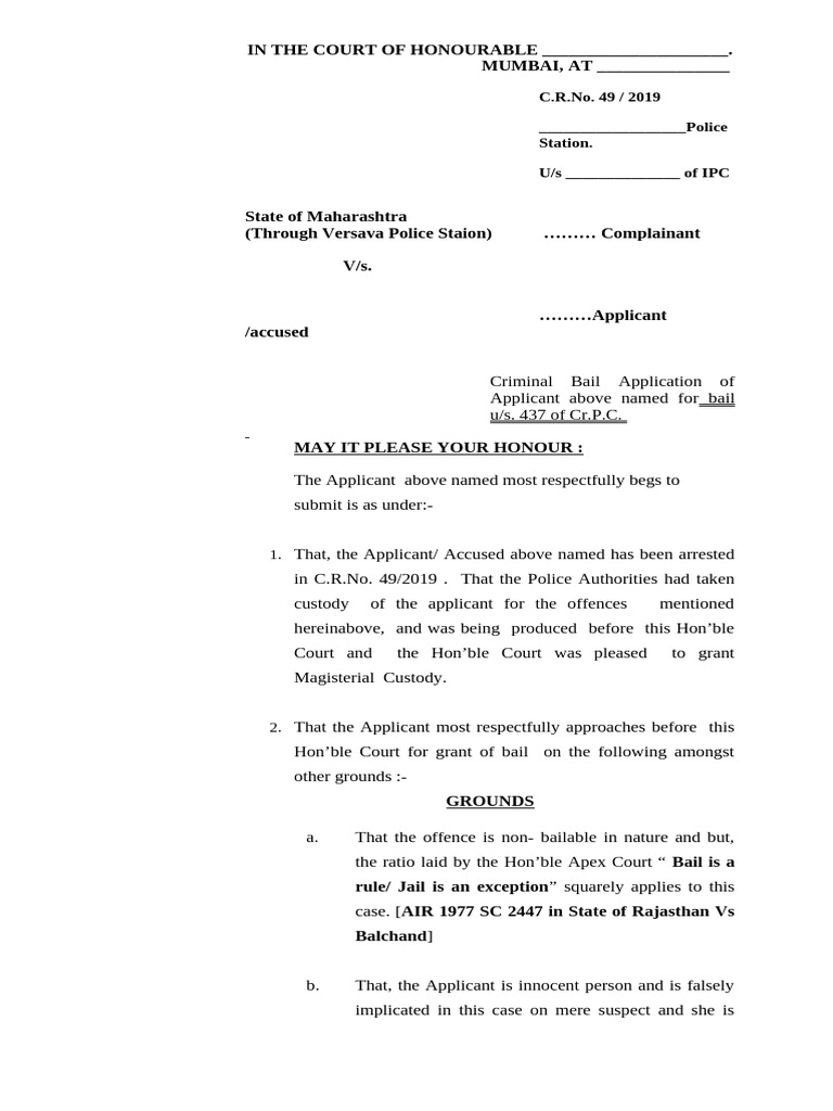 Bail Application Under Sec 437 | PDF | Bail | Arrest
