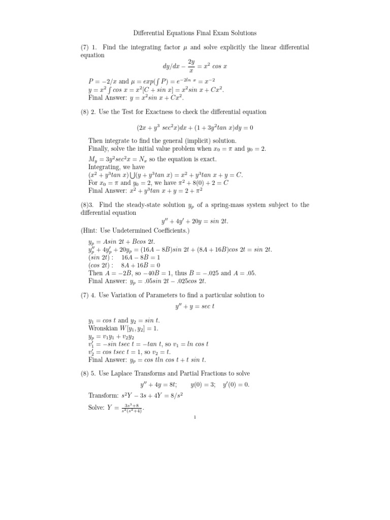 Differential Equation Final Exam | PDF | Equations | Differential Equations