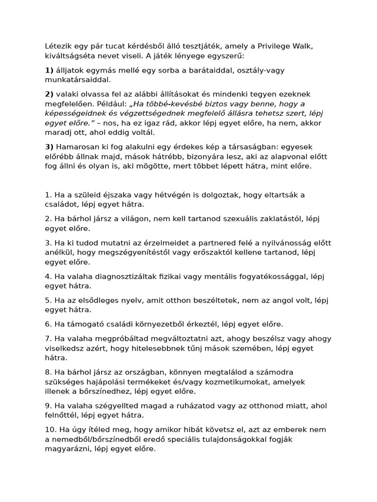 Privilege Walk Játék | PDF