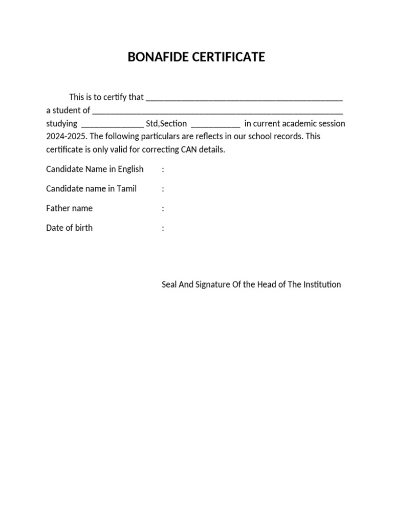 Bonafide Certificate Template 2024-2025 | PDF