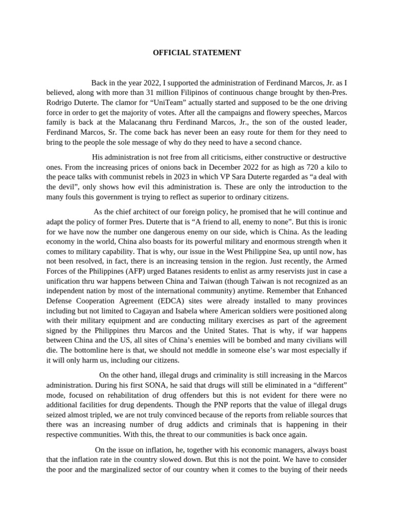 OFFICIAL STATEMENT | PDF | Rodrigo Duterte | Philippines