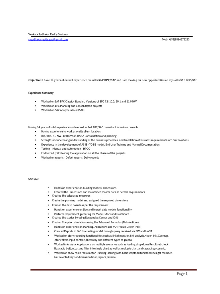 Sudhakar - SAP BPC-SAC RESUME | PDF | Information Science | Information ...