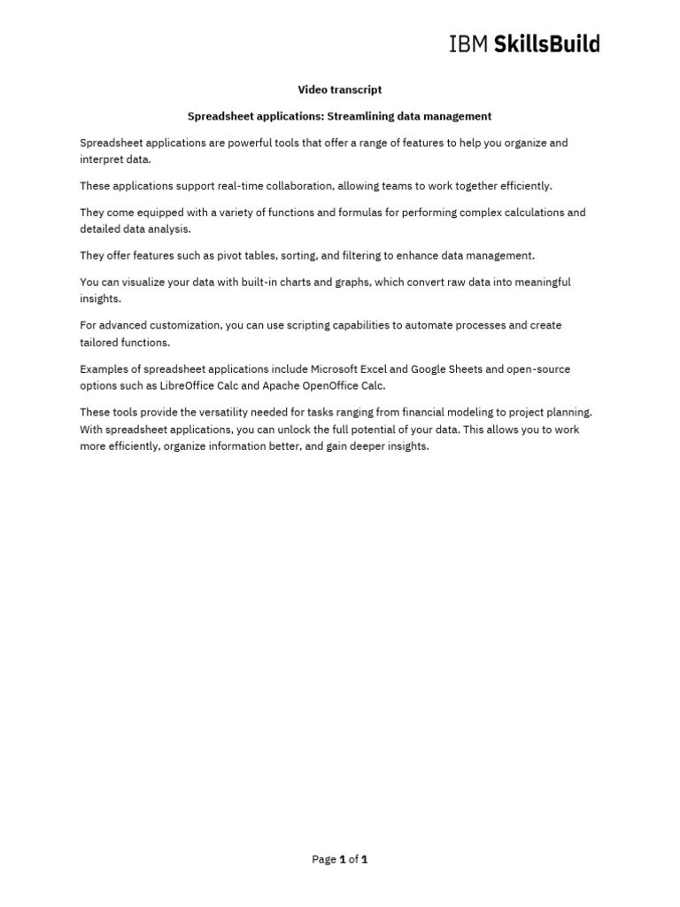 Video transcript_Spreadsheetapplications_Streamlining data management | PDF