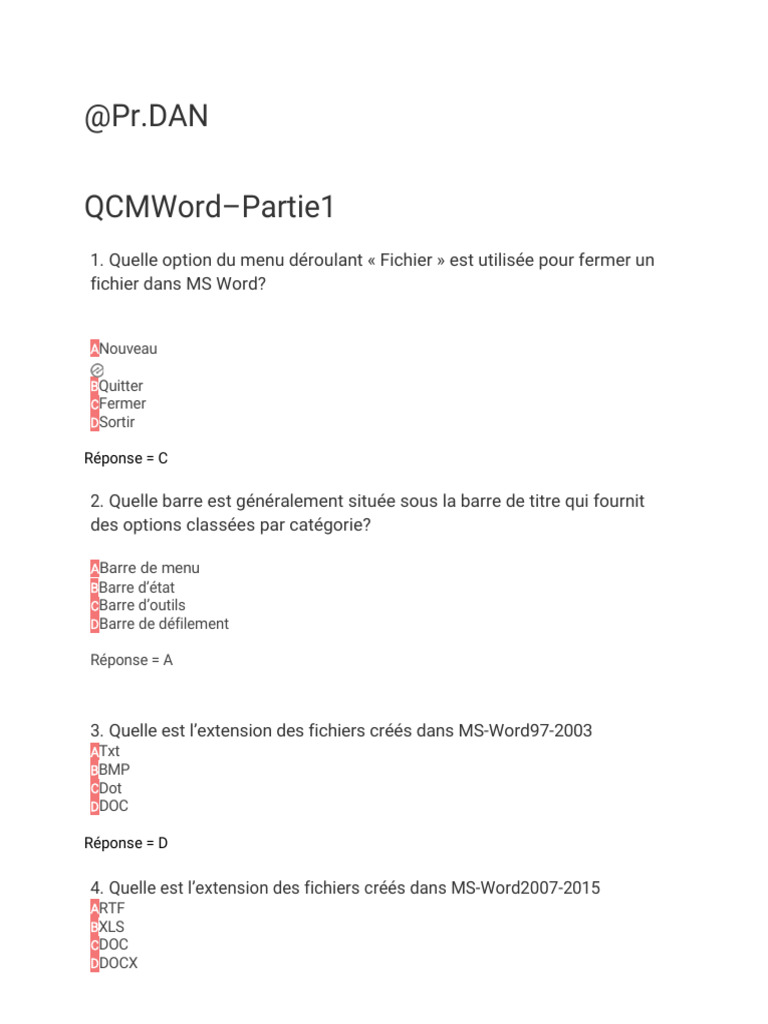 QCM Word : Questions et Réponses | PDF