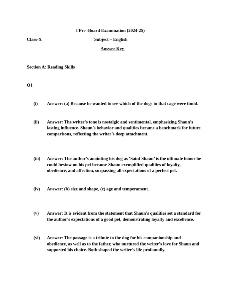 Answer Key - Pre Board 1 (2024-25) | PDF | Poetry | Dog Training