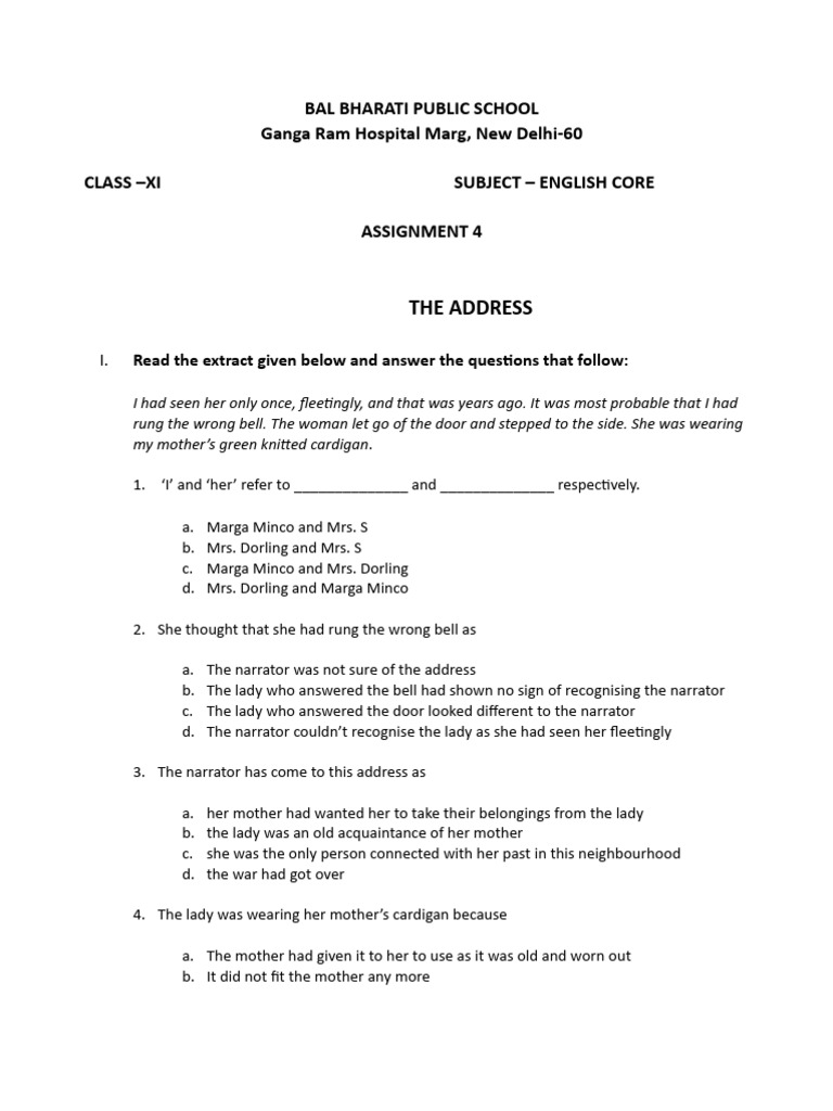 CLASS XI - Assignment No. 4 -The Address | PDF CLASS XI - Assignment No. 4 -The Address | PDF