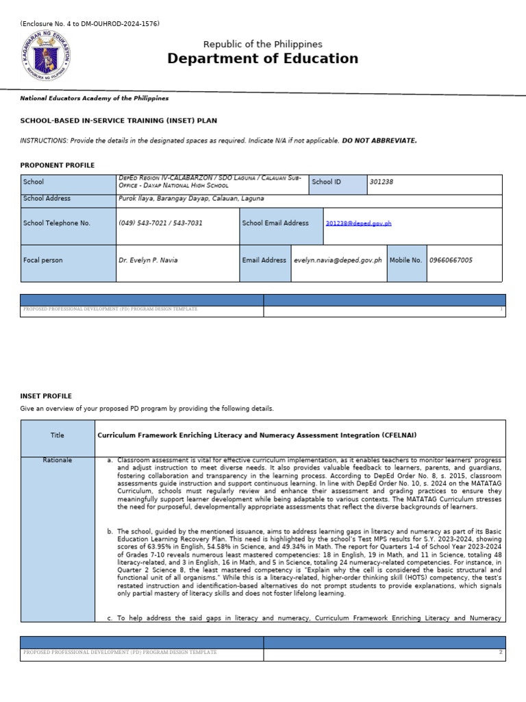 INSET Plan Curriculum Framework Enriching Literacy and Numeracy ...