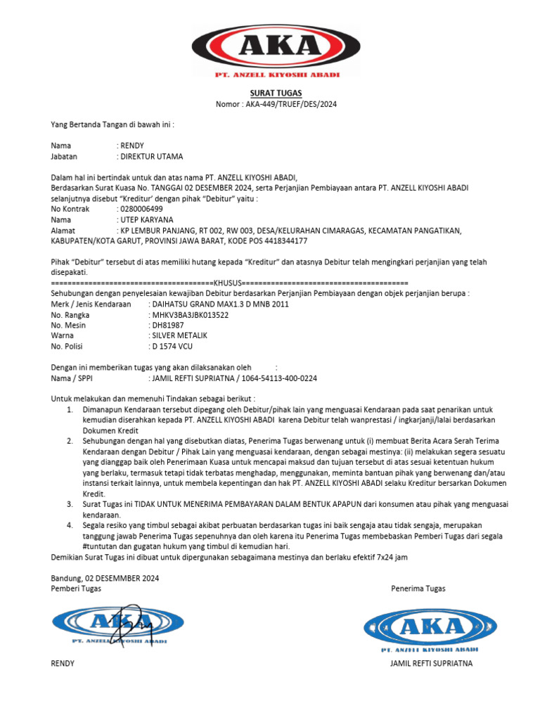 Contoh Surat Tugas Dati Leasing | PDF