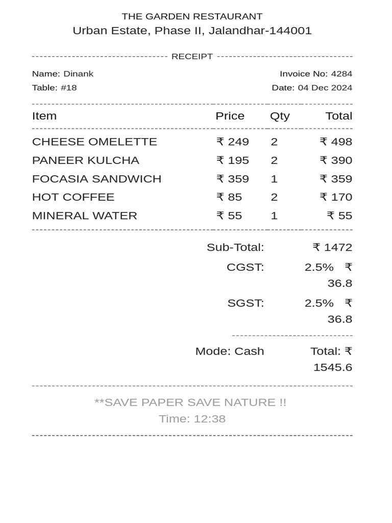 Restaurant Bill Template 2 | PDF