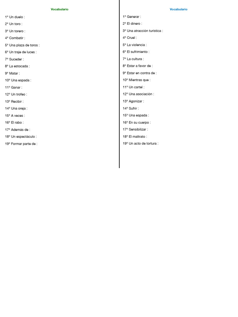 Fiche N°1 (Vocabulario) La Corrida | PDF