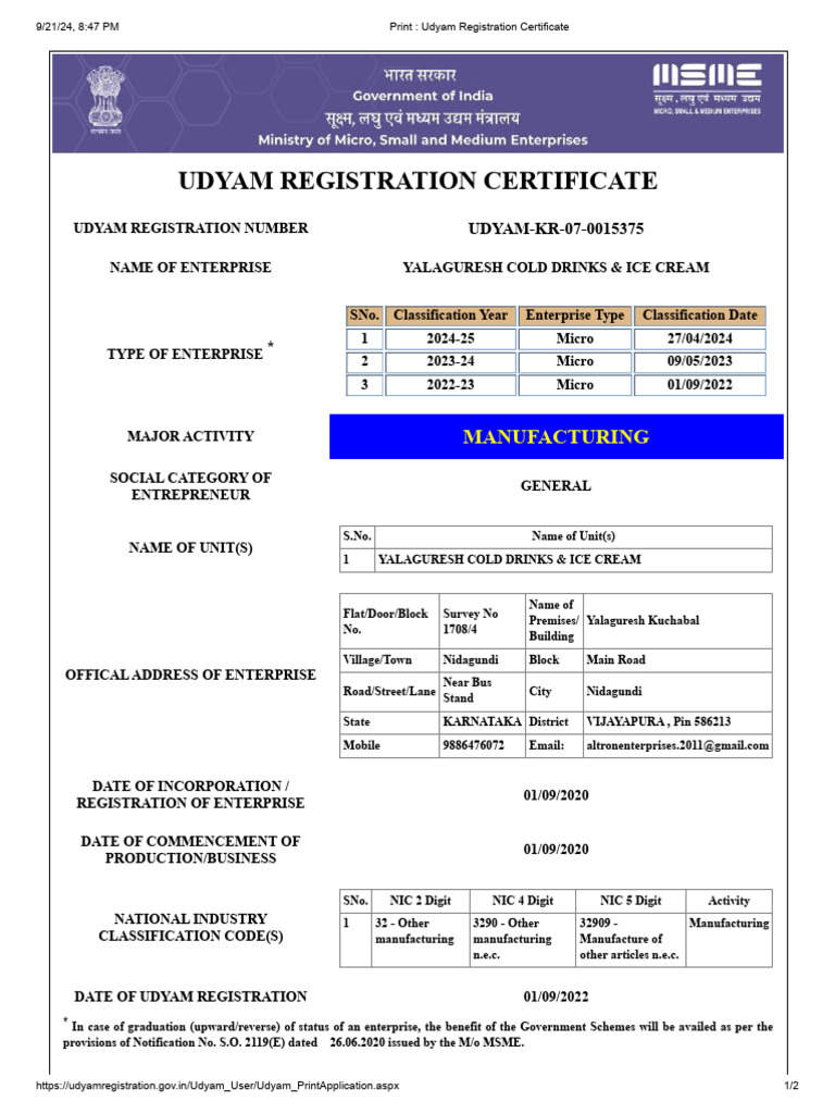 Print _ Udyam Registration Certificate-2 | PDF
