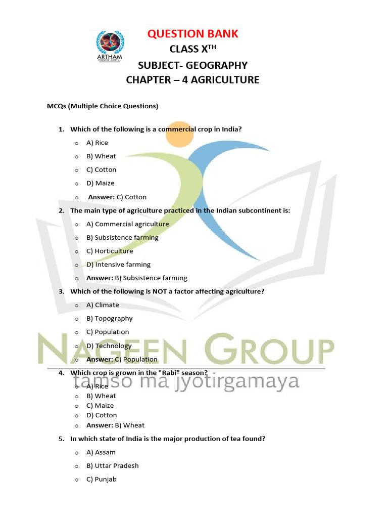 Class 10 Question Bank Geography Chapter - 4 Agriculture 2024 25 | PDF ...