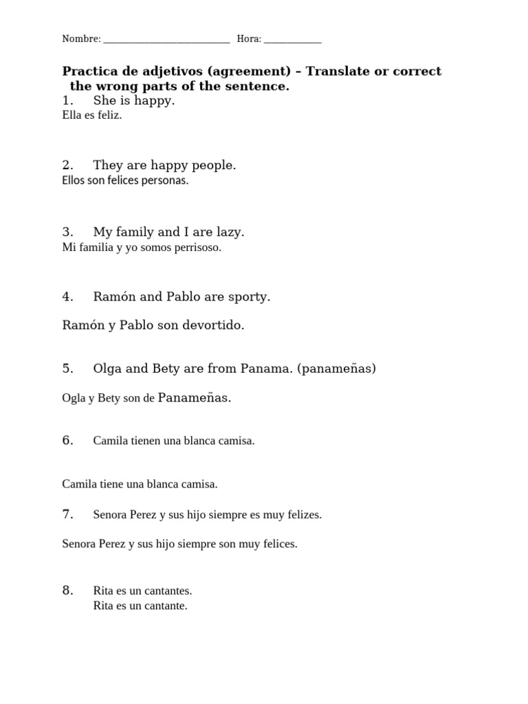 Práctica de Adjetivos en Inglés y Español | PDF