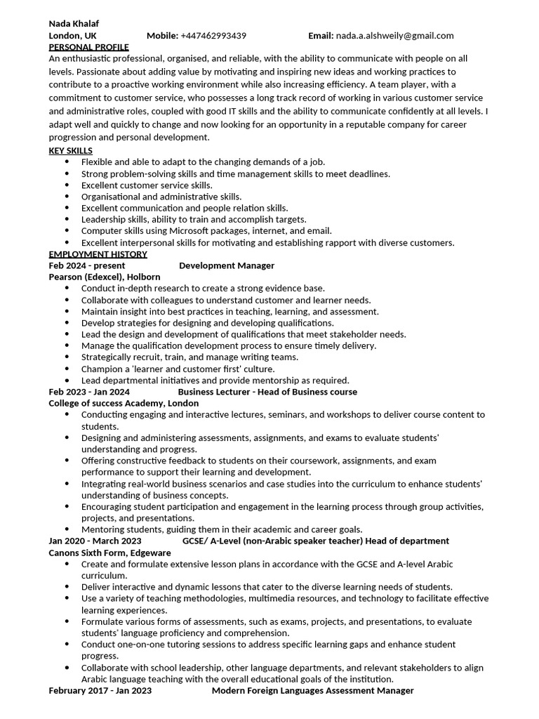 Career Profile: Nada Khalaf | PDF | Curriculum | Educational Assessment