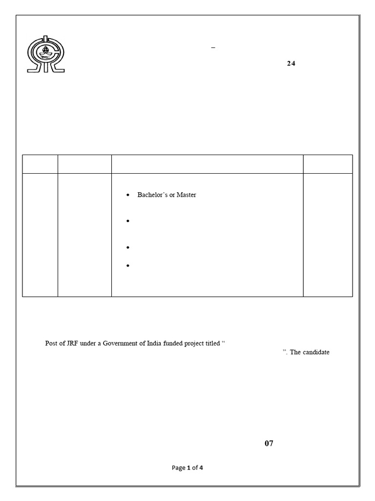 Announcement For The Post Junior Research Fellow - Advt 202 | PDF