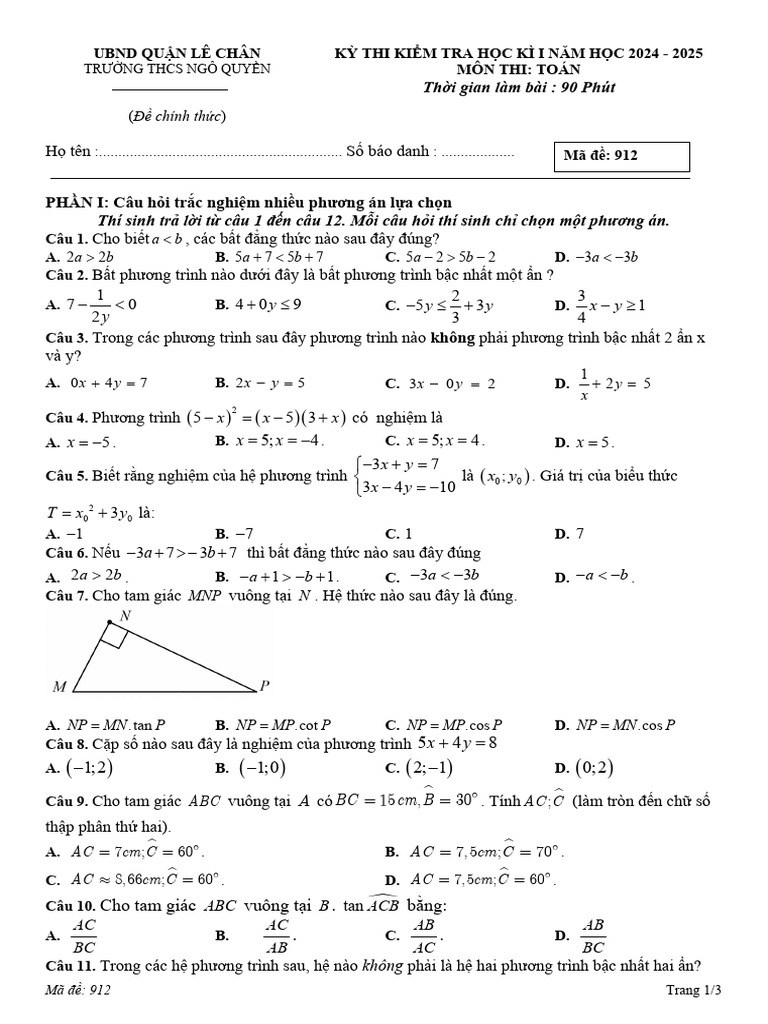 De Giua Hoc Ki 1 Toan 9 Nam 2024 2025 Truong Thcs Ngo Quyen Hai Phong | PDF