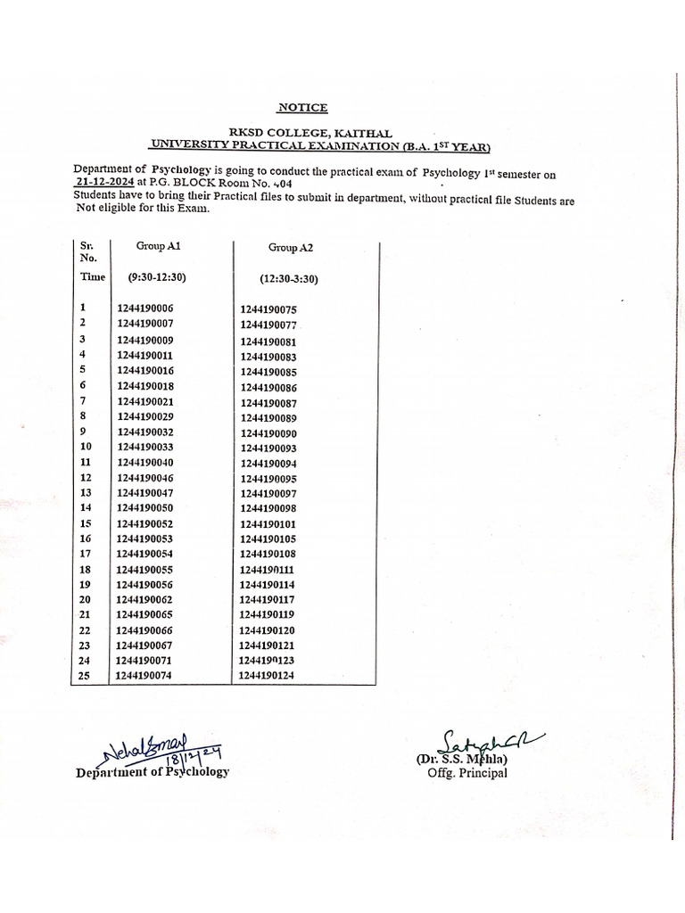 Psychology Practical Exam Notice-1 | PDF