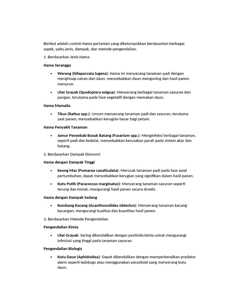 Contoh Hama Pertanian Yang Dikelompokkan Berdasarkan Berbagai Aspek | PDF
