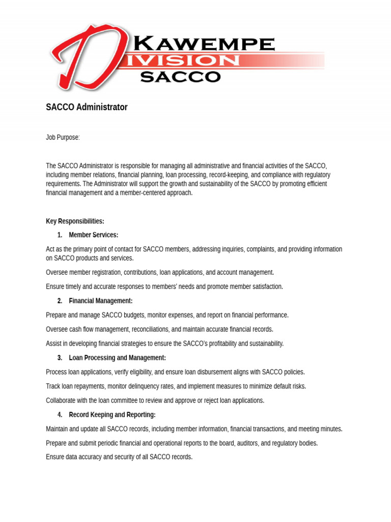 SACCO Administrator Job Description | PDF | Audit | Regulatory Compliance