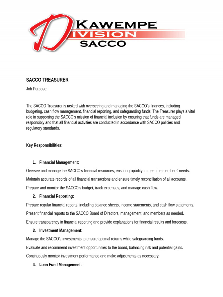 Job Description For Sacco Treasurer | PDF | Financial Statement | Audit
