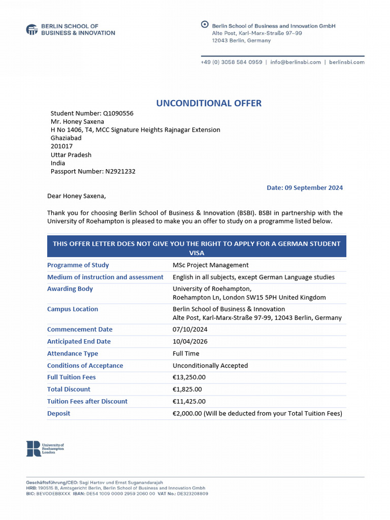 Q1090556_Unconditional_Offer_Letter_-_Honey_Saxena | PDF | Travel Visa ...