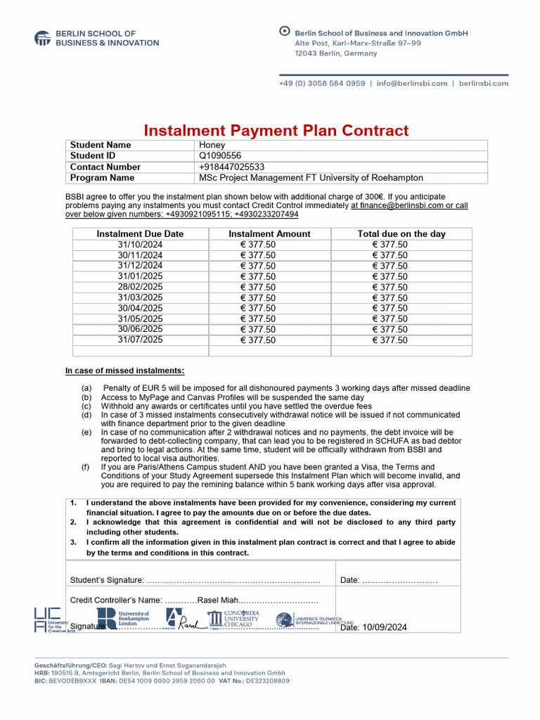 Instalment Plan for MSc Payments | PDF | Payments | Banks