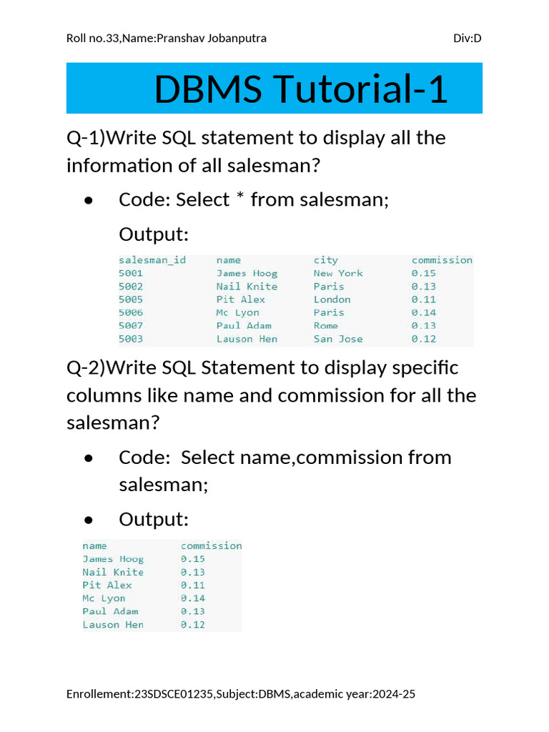 SQL Queries for DBMS Tutorial 1 | PDF | Databases | Sql