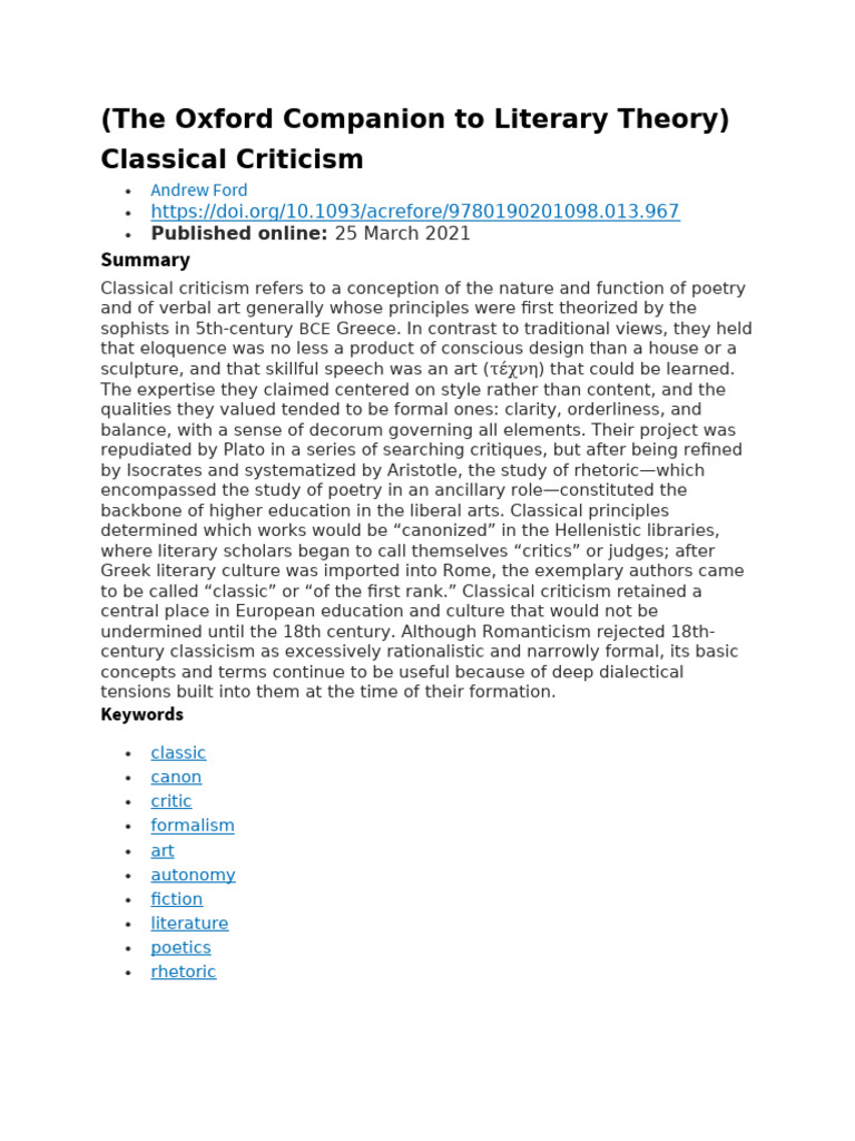 Ford.2021.Classical Criticism | PDF | Rhetoric | Aristotle