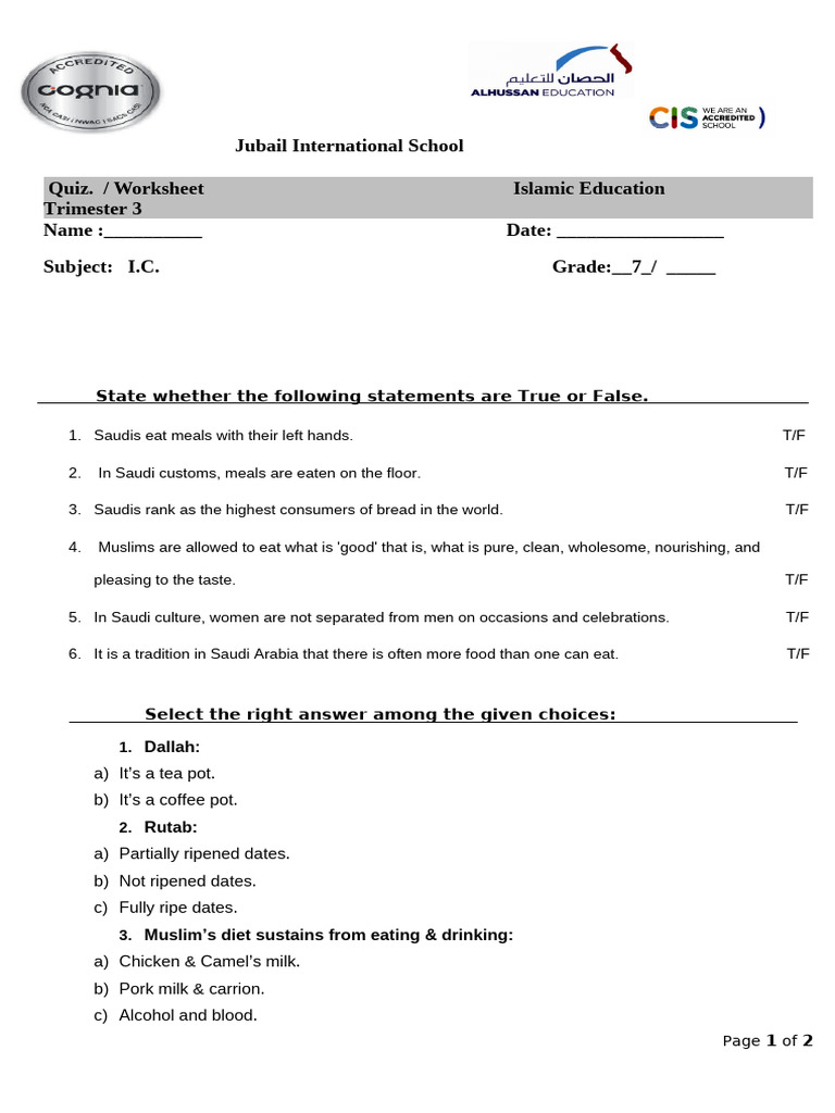 Grade 7 Islamic Culture Quiz | PDF