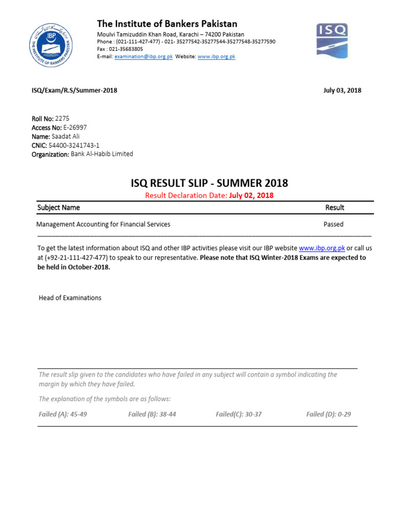 Result Slip ISQ Summer 2018 | PDF
