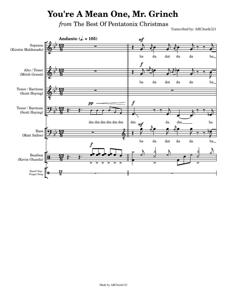 Youre A Mean One Mr. Grinch Pentatonix Full Sheet Music Transcription ...