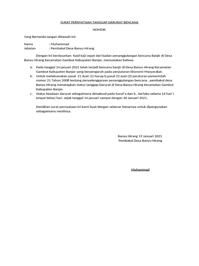 Surat Tanggap Darurat Banjir Banyu Hirang | PDF