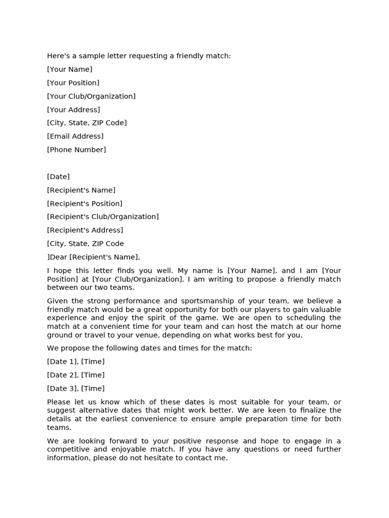 Letter Requesting For A Friendly Match | PDF