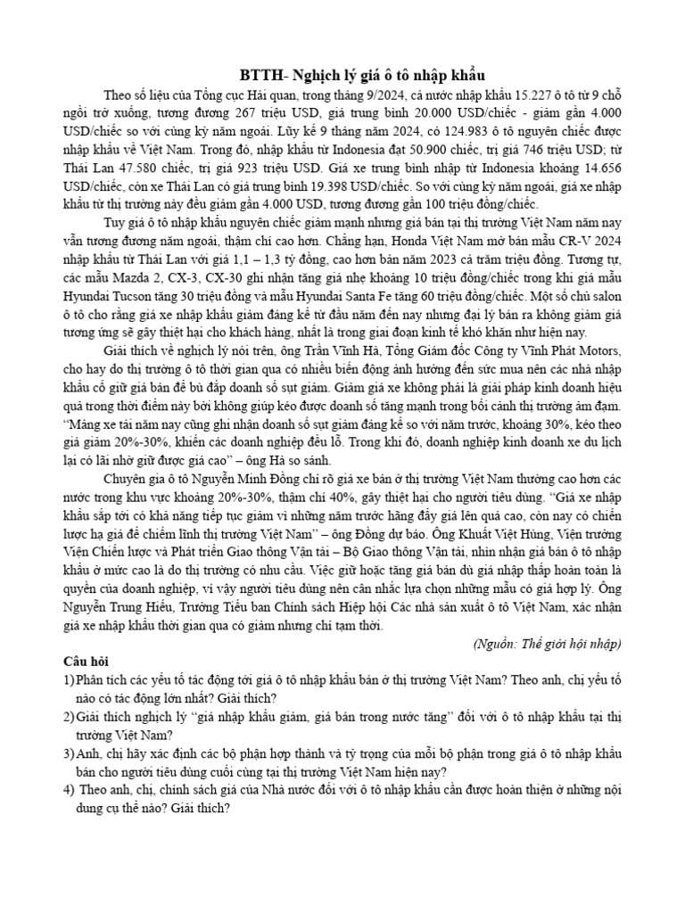 BTTH-Nghịch Lý Giá Ô Tô Nhập Khẩu - 2024 | PDF