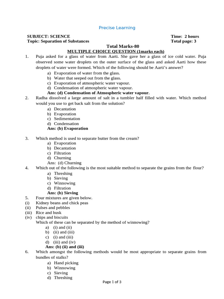 Class 6 Science: Separation Methods | PDF | Filtration | Water