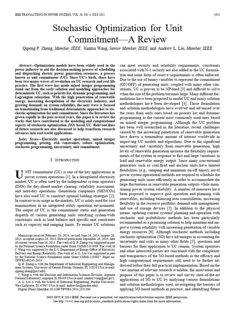 Stochastic Optimization For Unit CommitmentA Review | PDF ...