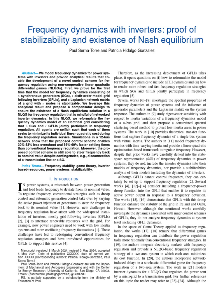 Frequency Dynamics With Inverters Proof of Stabilizability and Existence of Nash Equilibrium ...