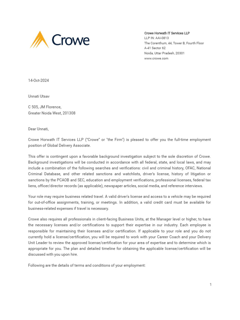 India Offer Letter 2024!10!15 | PDF | Employment | Salary