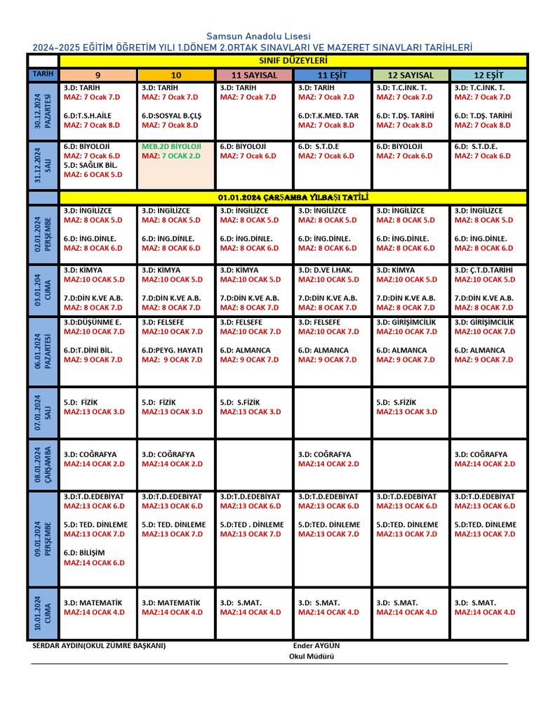 2024 1.dönem 2.yazili Sinav Takvi̇mi̇ | PDF